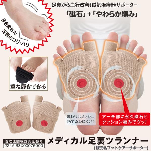 管理医療機器の足裏サポーター。足裏のコリをほぐしながらラクラク歩ける。土踏まずのポイントにクッション編みと磁石を配置。クッション編みの柔らかさで磁石が土踏まずにグッと。また歩行中、磁石に違和感を感じさせません。クッション編み周りはメッシュ編...