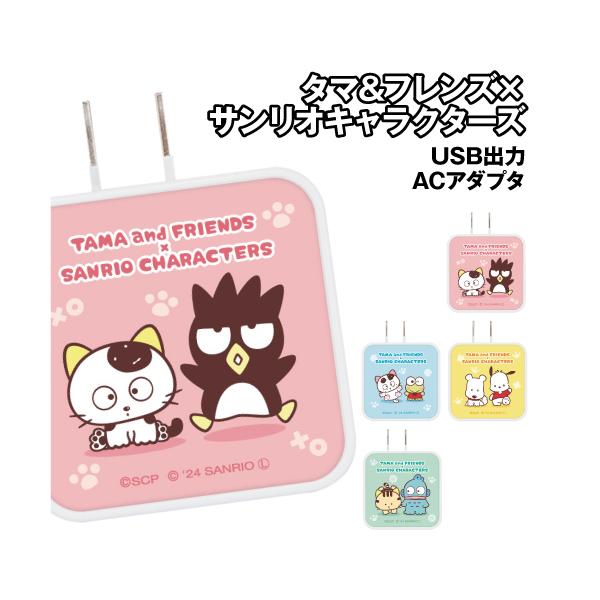 タマ＆フレンズ×サンリオキャラクターズデザインのACアダプターです！家庭用のコンセントに差し込み使用するタイプのACアダプター。一般的なUSB出力端子(USB Type-A)が1口とUSB Type-C出力端子が1口の合計2口の差し口があり...