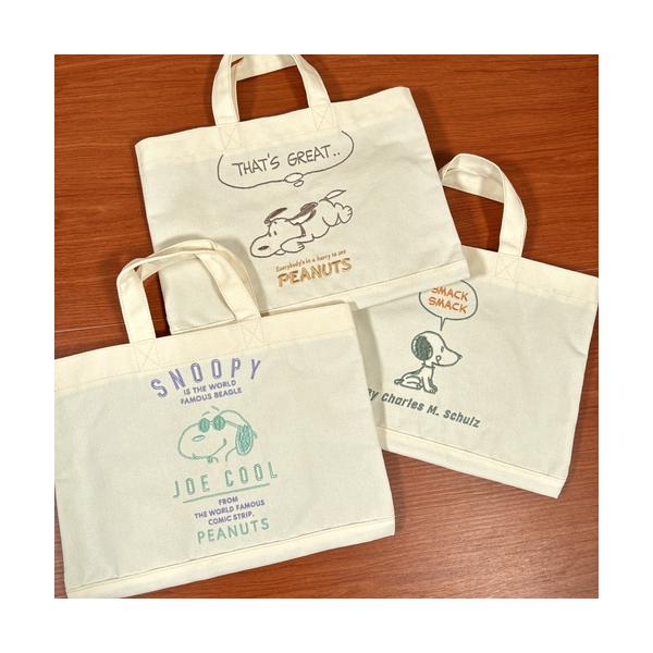 ピーナッツデザインのレッスンバッグです。大きな刺繍とかわいいカラーリングのキャンバス地バッグシリーズ。A4ノートがちょうど入るぐらいのサイズ。横に広いので教材を入れるのにも便利。塾や習い事に使用するのにとても便利なバッグです。持ち手付きでそ...