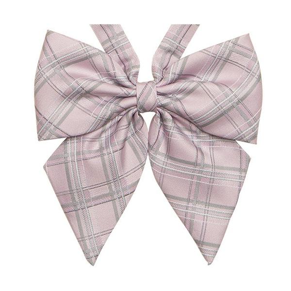 淡い色合いの大きめリボンが制服コーデをもっとキュートに♪　大チェックピンクグレーリボン「はぴねす！」素材：ポリエステル100%リボン：ワンタッチで着脱可能なフック付き、首回りの長さは調節可能。