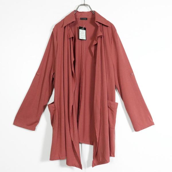 【商品説明】【実寸約】肩幅42袖丈61バスト126着丈78(cm)【サイズ表記】5L【素材】ポリエステル64%レーヨン36％【状態】試着程度、未使用品【デザイン】テラコッタ色系ゆったりしたロングジャケットです。ストレッチ素材で着心地抜群♪ボ...