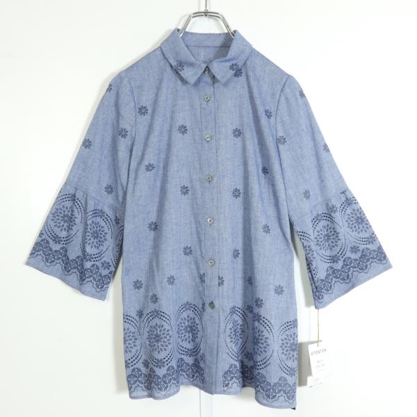 【商品説明】【実寸約】肩幅35.5袖丈42バスト92着丈63 (cm)【サイズ表記】  7AP(胸囲80身長150) 【素材】  綿100％【状態】新品タグ付きのお品物【定価】35,000円＋税【デザイン】ブルー系七分袖のふんわりしたチュニ...