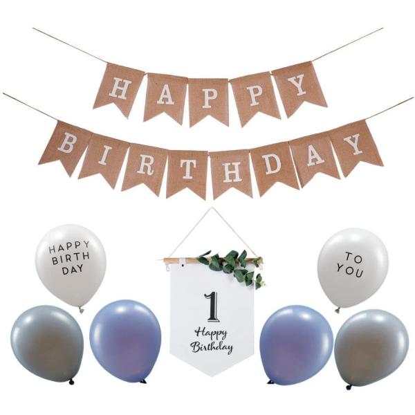 【セット内容物】：HAPPY BIRTHDAYガーランド（リネン材質）1点+1歳birthday木製タペストリー1点+Happybirthdayバルーン1点+to youバルーン1点＋各種くすみバルーン4点、合計8点の誕生日飾り付けセットで...