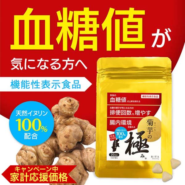 血糖値やお腹の調子が気になる方へ！定期購入は、定価3,690円の18％OFFでとてもお得！さらに今なら、初回限定で人気の乳酸菌サプリ「リタヘルス5000」を1袋（30日分）プレゼント中！「プレバイオティクスの菊芋イヌリン」と「プロバイオティ...