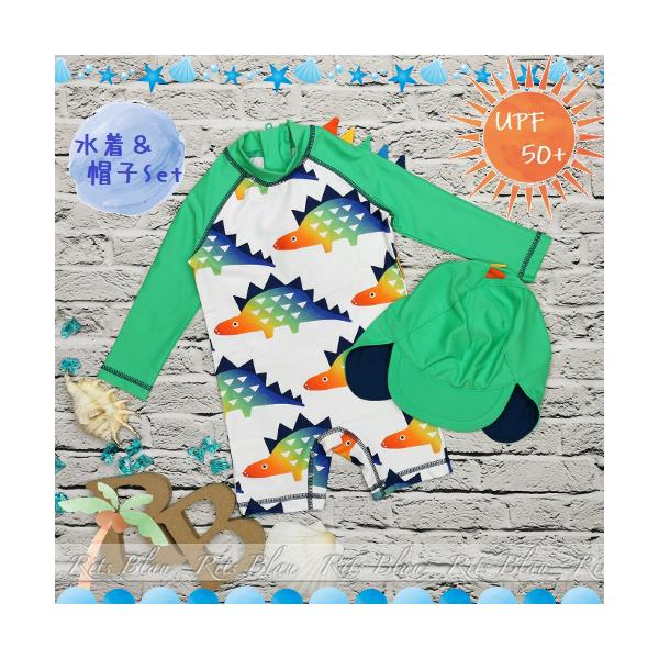 ・.。*゜+.・.。*゜+.　　送料無料・.。*゜+.・.。*゜+.■水着タイプ■長袖サーフスーツフラップキャップグリーンとホワイトレインボーカラーの恐竜モチーフつなぎタイプの長袖サーフスーツ＆お揃いのフラップキャップのセットです【サーフス...