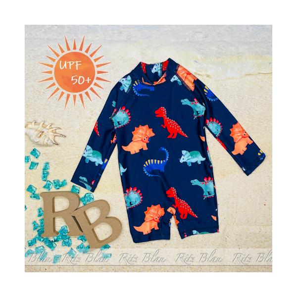 ・.。*゜+.・.。*゜+.　　送料無料・.。*゜+.・.。*゜+.■水着タイプ■長袖サーフスーツネイビーに恐竜マークがいっぱいつなぎタイプの長袖サーフスーツです首の後ろはファスナーで開閉できるデザインです。UPF50+で紫外線からお肌を守...