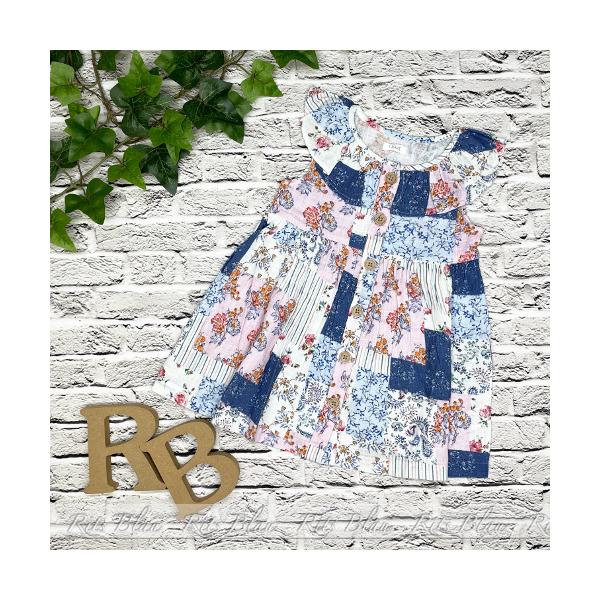 ・.。*゜+.・.。*゜+.　　送料無料・.。*゜+.・.。*゜+.ブルーとレッドのパッチワークデザインフリルの丸襟がかわいいノースリーブのワンピースです薄手の1枚生地■□■　サイズ　■□■・UK9-12　74-80cm・UK12-18　8...