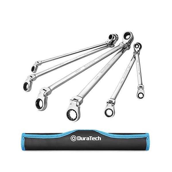 セット内容 収納ポーチ付きレンチ6本組。8ｘ9mm、10ｘ11mm、12ｘ13mm、14ｘ15mm、16ｘ18mm、17ｘ19mm両頭首振メガネレンチ各1本。 高耐久 本体は高品質CR-V鋼製、堅牢で耐久性に優れています。表面処理として鏡面...