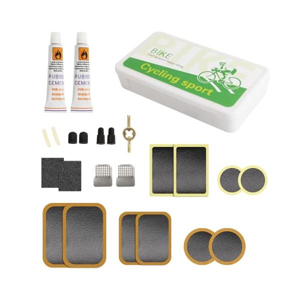 全23点セット内容：ゴムのり2本、パッチ 方形2サイズ各2枚*円形2枚 、粘性パッチ 方形2枚*円形2枚 、金属やすり2枚、紙ヤスリ2枚、虫ゴム2個、米式・仏式バルブキャップ各2個、米式バルブ専用レンチ。あらゆるパンクパターンに簡易対応 2...