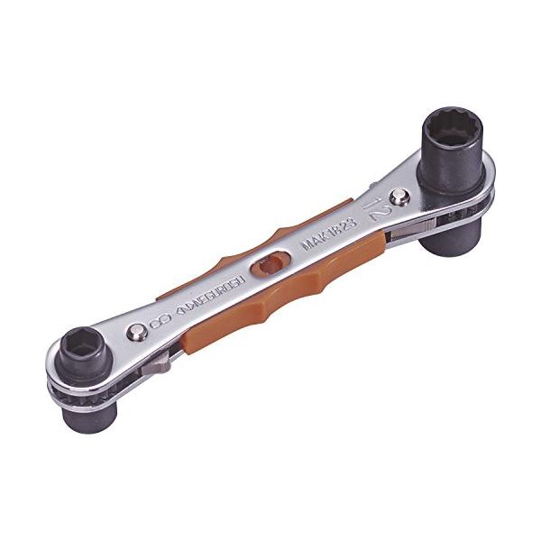 ラチェット機構(切替レバー付き)により素早い締め付けができます。4サイズのボルト、ナットの締め付けができます。ソケットがディープ形状なので凹部での締め付けができます。ソケットが貫通になっているためボルトの余長が長い場合でも使用できます。握り...