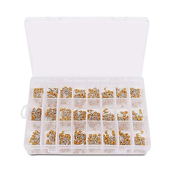 主な素材: セラミックス;色: 黄色;容量許容度: *10%電圧:50Vタイプ：モノリシックセラミックコンデンサアソートキットには、基本的なニーズを満たすことができる最も人気のある24種類のコンデンサが含まれています。 DIYの電子プロジェ...