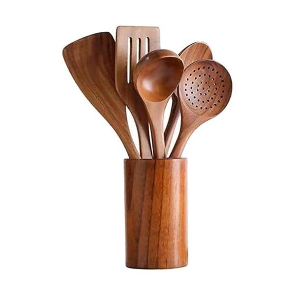 セット内容：しゃもじ：32ｘ7cm、フライ返し：33.5ｘ8.5cm、サラダフォーク：26ｘ6.5cm、スキンマー：28ｘ8cm、スプーン：26.5*7.5cm、ツールスタンド：13ｘ9 箱付き素材：天然アカシア木製。1cm以上の厚み、耐久...