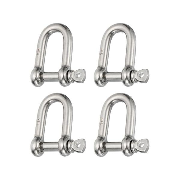 作業荷重限界：300kg / 660lb；ワイヤー直径：8mm / 5/16"；内径：33x17mm / 1.3x0.67" H*W ；パッケージリスト：4個 x Dシャックル利点：スクリューピンシャックルは、強度、耐久性、錆びにくさ、耐蝕...