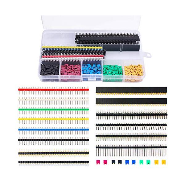 コスパ最高のセット：5色300個のジャンパーピンと、よく使われる9種類35本のピンヘッダー・ソケットがセットになっていて一度で入手できます。ジャンパーピン：2.54mmピッチ、ピンヘッダーに差し込んで使用します。差し込まれたピンは導通するよ...