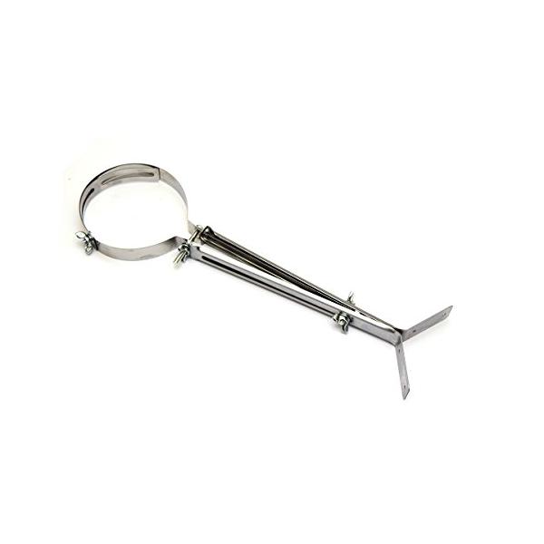 φ100*φ150のシングル煙突を支持する金具です。脚は300*450mmまでスライドし、開き角度も自在に調節できます。壁面固定用のビスは付属していません。二重煙突の加重は支えられません。DIY・工具・ガーデン:住宅用設備・製品:暖炉・アクセサリ