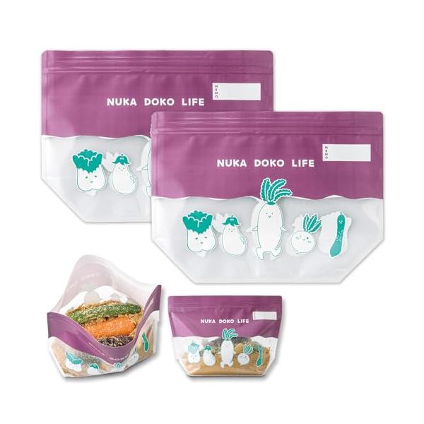 初めてのぬか漬けに、容器代わりに使える保存袋 ダブルチャックでしっかり密閉、ニオイ漏れを防ぎます 船底型の幅広マチなので食材が出し入れしやすい 冷蔵庫の狭い棚でも収納しやすく、手軽にぬか漬けが楽しめる* 日本製 セット内容：2枚組ホーム＆キ...