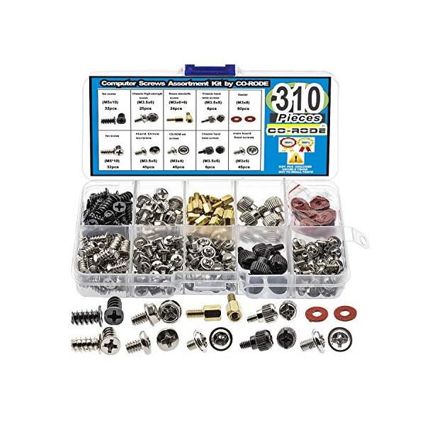PCコンピュータネジスタンドオフキット310個、24個のメインボードスタンドオフ(M3x6*6mm)。45個のハードドライバーネジ(M3.5x5mm)。12個のシャーシハンドツイストスクリュー(ブラックとシルバーM3.5 x 5)。45個の...