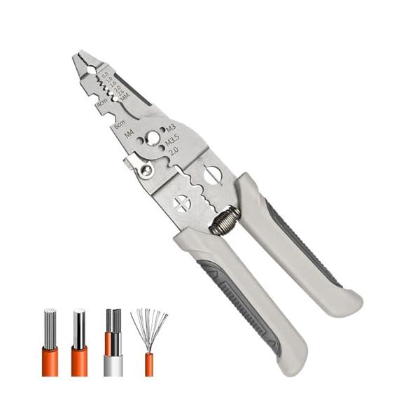 頑丈な電工ペンチ ケーブル剥ぎ取りツールは耐久性のあるスチール製で、頑丈で耐久性があり、硬度が高く、壊れにくいです。表面は細かく研磨されており、耐腐食性があり、長期間使用しても性能が長持ちします。 快適なグリップ このワイヤーストリッパーは...