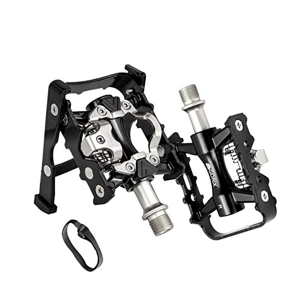 商品内容 ：ペダル左右セット、クリート＆取付金具セット、ベルクロ 重量 ：約410g/ペア  サイズ ：長さ107x幅69.7x厚み最大23.8mm、軸長52mm 軸径 ：標準9/16インチ ネジ径 約14.3mm   両面タイプ :(ビン...