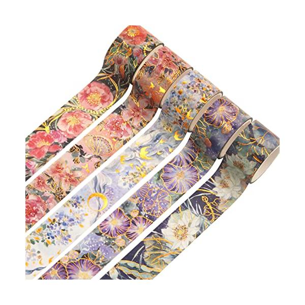 豪華の金花柄：金箔押しがアクセントの和柄マスキングテープです。豪華な和柄です。DIY必須品：DIYコンだったら、このテープはグッドチョイスに違いない。優れた紙材料を採用し、絵柄がはっきりしていて、色が褪めません。柔軟性があり、使いやすいです...