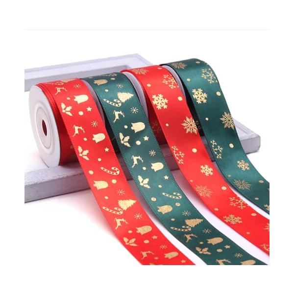 4巻きセット、幅2.5cm、10?/巻き。 色：緑＆赤、各2巻き。華やかで高級感溢れのクリスマス用リボンです。高品質の素材で作られており、耐久性があります。ゴールデンのプリント花柄、いい光沢感を持って、新年の贈り物飾り、クリスマスプレゼント...