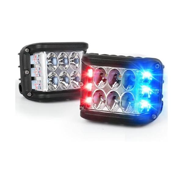 三面発光で広角照射：左右両側サイドライト*正面メインライト*半円の照射範囲。左側の発光色は赤で、右側の発光色は青です。人の視覚に強いインパクトを残る作業灯 led 12vです。スタイリッシュ感満々：ユニークなストロボ機能を持つ。ジープなどの...