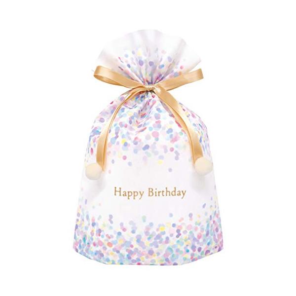 本体サイズ:H340*W230*D90mm (結び目から底までの長さ約25cm) 1枚入ハッピーバースデーのメッセージがプリントされたラッピングバッグです水彩タッチの水玉が描かれた優しい雰囲気で、リボンの先にポンポンが付いています袋にリボン...