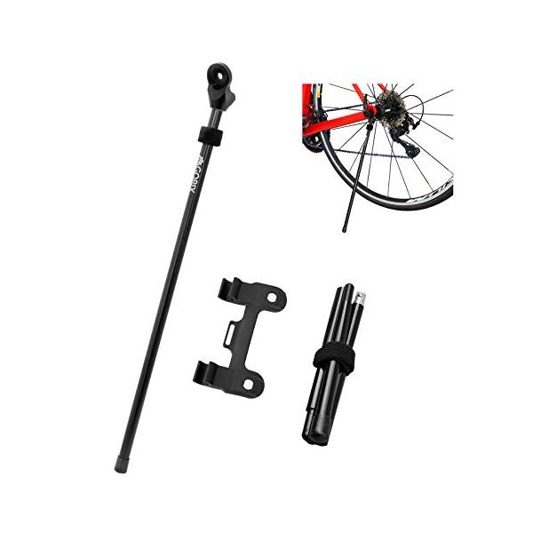 700C対応 材質：アルミニウムサイズ：長さ33.5cm　脚厚Φ1cm　クイックセット幅0.4cm 重量：60g取り付け金具を１度クイックシャフトの間に挟んでおくだけで 必要な時に2つ折りしたスタンド部分をセットするだけの簡易取り付けタイプ...