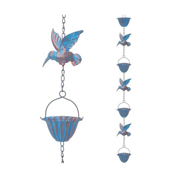 蜂鳥モチーフのおしゃれなデザイン 7つの蜂鳥と7連カップで構成される芸術的な雨樋チェーン。蜂鳥の優雅なシルエットが庭先に彩りを添え、雨の日も美しい景観を演出します。底部には安定性を高める鋳鉄製の鳥が配置されており、風が強い日でも安定していま...