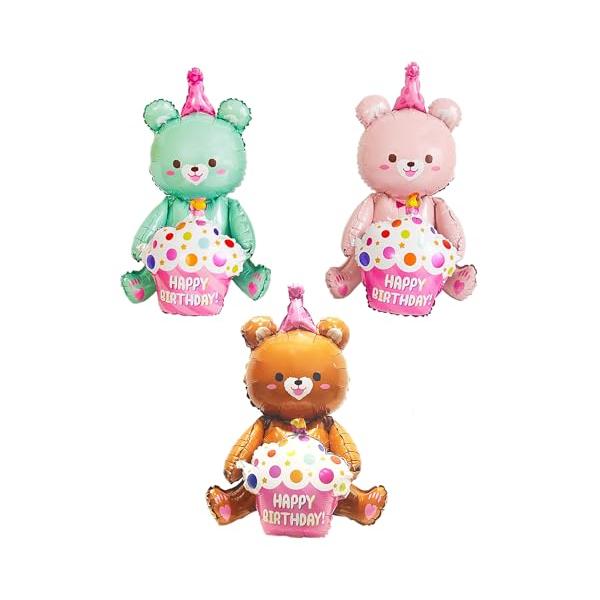 バースデーケーキを持ったクマ型のアルミバルーン３体セットです。ストロー付属。 最大サイズ 縦52cm横28cm奥行23.5cm 材質 アルミニウムおもちゃ:パーティー小物:風船・バルーン