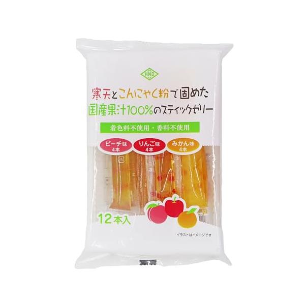 国産果汁を100％使用しております寒天とこんにゃく粉で固めたスティックゼリーですりんご味、みかん味、ピーチ味の３種類のアソートタイプです食品・飲料・お酒/菓子・スナック/ゼリー