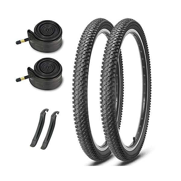 26インチマウンテンバイクタイヤ交換キットは、2本のタイヤ、2本の米式インナーチューブ、および2本のタイヤレバーが含まれています。前輪と後輪の両方に使用できます。タイヤサイズ：26*1.95インチ 54-559 mm ；PSI範囲：30-8...