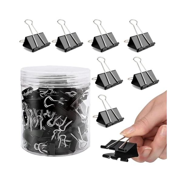 * ダブルクリップ スーツ サイズ：25mm*100個。メタルクリップは丸いプラスチック製の収納ボックスに入っています。* 高品質の素材 黒ダブルクリップは高品質の金属で作られており、折り返しバインダークリップは色落ちしません。折り返しクリ...