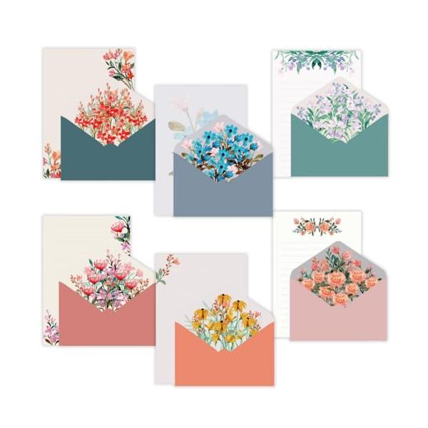 心華やぐ花柄レターセット 華やかな花柄が彩るおしゃれなレターセット。封筒を開くと、内側にプリントされた花々がまるでパッと咲いたよう。6種類*便箋4枚、封筒2枚入りで、贈る相手やシーンに合わせて使い分けられます。大切な人への手紙に最適です。 ...