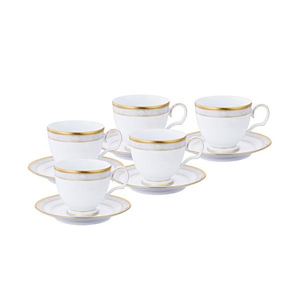 サイズ: カップ 口径:約8.8cm/長径(取っ手含):約11.5cm/高さ:約7.7cm/容量:約250cc(満水) ソーサー 直径:約15.2cm材質:ファインポーセレンシリーズ:ハンプシャーゴールド原産国:SRI LANKA内容:5客...