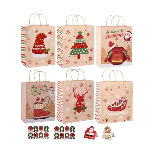 クリスマス ラッピング 袋 - セット内容 紙袋x6枚 *メッセージカードx2枚 *クリスマスシールx16枚 クリスマス ラッピング 袋 - ３サイズ展開 約21x15x8cm 6枚セット、約27x21x11cm 6枚セット、約33x26x...