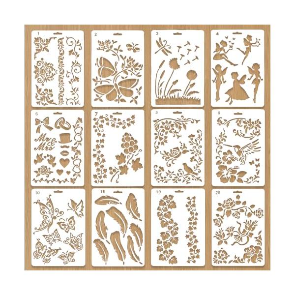 仕様 *数量：12枚。 *このステンシルのサイズ約：27.5x19 cm、エッジは滑らかで薄いです。全部で12枚があります。各テンプレートは蝶、リボン、ハート、花、草、ヴィネマン、グレープ、フェザー、ピクシーなどのさまざまな形やパターンが含...