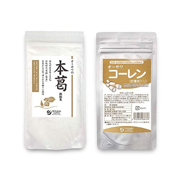 コーレン 節蓮根入り ：内容量50g／節れんこん入り ／在来種「熊本あか根」使用 ／粉末タイプ ／湯に溶いて飲むほか葛湯にも／ 337kcal/100g本葛 微粉末 ：内容量100g／本葛粉ならではの滑らかな舌触り／葛湯や葛練り、ごま豆腐、...