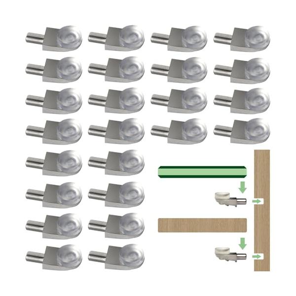 セット内容：棚受けダボ25pcsセット；合金歯なしトレーφ5mm；重量約4.0g/個；材質：亜鉛合金*プラスチック；収納スペースの拡大、ネジ不要 - 小型でほとんど見えない；サイドパネルは、ラミネートトレイにネジなしで打ち込む必要があります...