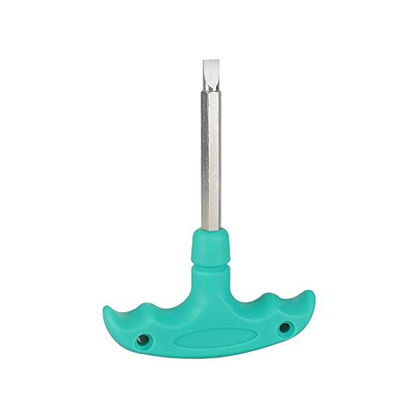 DSLRカメラケージリグ&amp;アクセサリー用スクリュードライバー組み立てツール。シルバーカラーのステンレススチール構造。ストレート(フラット)ヘッドフィット。スロット付きネジ用。ブルーのプラスチック製Tハンドル付き。寸法:幅72mm*長...