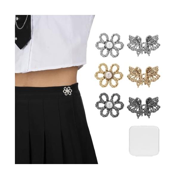 セット内容 ウエスト調整ボタン六弁花型3個*蝶の形３個セット。 素材 合金。 カラー：ゴールド、シルバー、ブラック。 特徴 独特のボタン溝のデザインで、貼り付け時に脱落せず、使いやすくして。 シンプルなインストール 縫合する必要がなく、数秒...