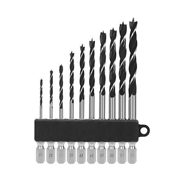 セット内容 10本セット。直径2.0・2.5・3.0・3.5・4.0・4.5・5.0・5.5・6.0・6.5mm 各サイズ1本ずつの10本セット 。六角シャンク対辺:6.35mm。材質：ハイカーボン鋼。 特徴 鋭い先端が加工材にくい込み、正...