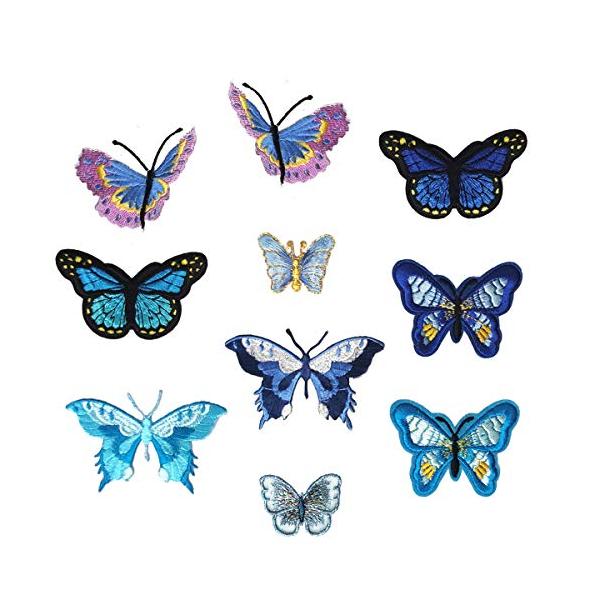 サイズ：画像のように　カラー：ブルー。綺麗な蝶々をモチーフの刺繍ワッペンです。バッグや洋服の目印に・ワンポイントで使用できるとってもかわいいワッペン10枚セット。幅広い用途：ベビー服や子供服、大人のTシャツやバッグ、ポーチなどのちょっとした...