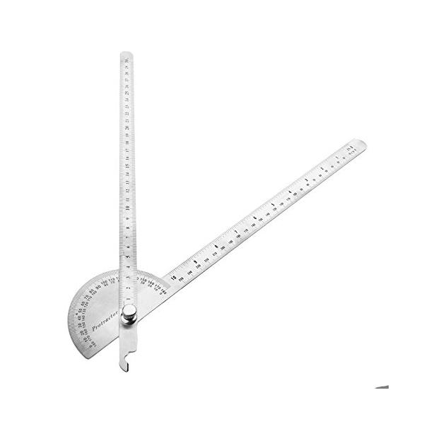 製品名：角度計　材質：ステンレス鋼サイズ：全長365mm　半円の直径50mm　カラー：シルバー角度や長さおよび可動域の計測に使用します。分度版は0度を起点とし上下を問わず最大で180度(誤差*1度)まで計測が可能です。同時に水平測定も計れる...