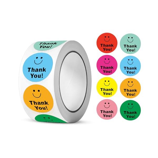 セット内容 ：笑顔の「Thank you」ステッカー約500枚入り。8色セット：赤、黄、緑、青、薄紫、オレンジ、パウダー。1巻約500枚、丸いデザインで、プレゼントや手紙のラベルとして使用するのに適しています。シールには「Thank you...
