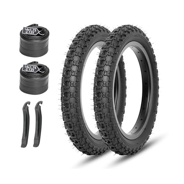 14インチ キッズバイクタイヤ交換セット内容：2個パック 14x2.125インチ タイヤ、2個パック インナーチューブ、タイヤレバー2本。タイヤサイズ：14x2.125インチ、ETRTO: 57-254 mm。空気圧35 PSIまで膨らませ...