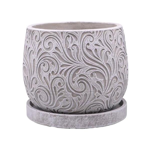 サイズ : φ165*H135mm・内径 : φ130mmカラー : ライトグレー材質 : セメント仕様 : 底穴あり、ソーサー付き、エンボスデザインDIY・工具・ガーデン/ガーデン/鉢・プランター用品/鉢