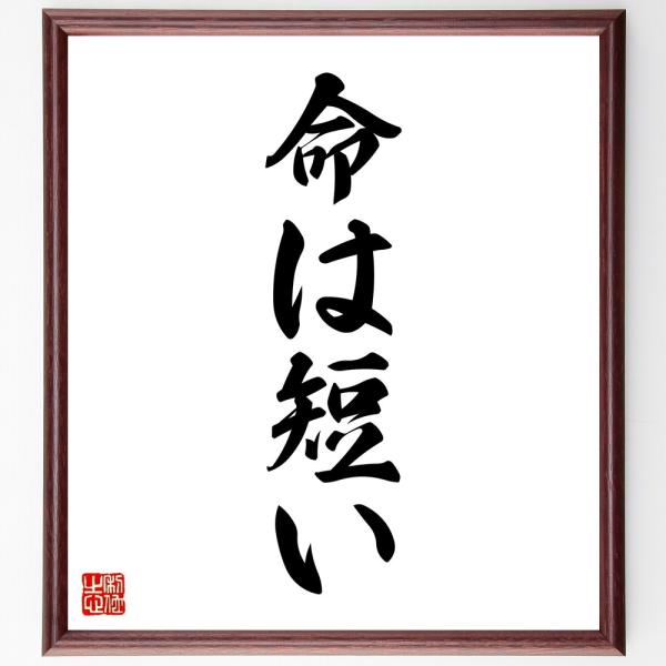 名言「命は短い」を、千言堂の専属書道家が気持ちを込めて手書き直筆いたします。この言葉（ひとこと）は名言集や本・書籍などで紹介されることも多く、座右の銘にされている方も多いようです。ぜひ、ご自宅の玄関、リビング、部屋、書斎、またビジネスを営む...