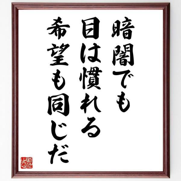 名言「暗闇でも目は慣れる、希望も同じだ」を、千言堂の専属書道家が気持ちを込めて手書き直筆いたします。この言葉（ひとこと）は名言集や本・書籍などで紹介されることも多く、座右の銘にされている方も多いようです。ぜひ、ご自宅の玄関、リビング、部屋、...