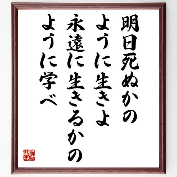ガンディー（ガンジー）の名言「明日死ぬかのように生きよ、永遠に生きるかのように学べ」を、千言堂の専属書道家が気持ちを込めて手書き直筆いたします。この言葉（ひとこと）は名言集や本・書籍などで紹介されることも多く、座右の銘にされている方も多いよ...